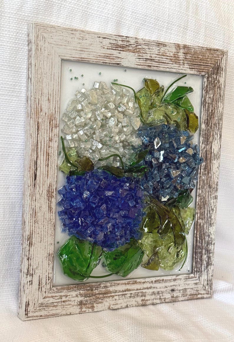 Hydrangea Blue Glass Art in Frame, Handcrafted Sparkling - Etsy