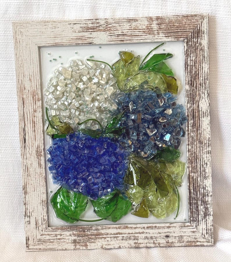 Hydrangea Blue Glass Art in Frame, Handcrafted Sparkling - Etsy