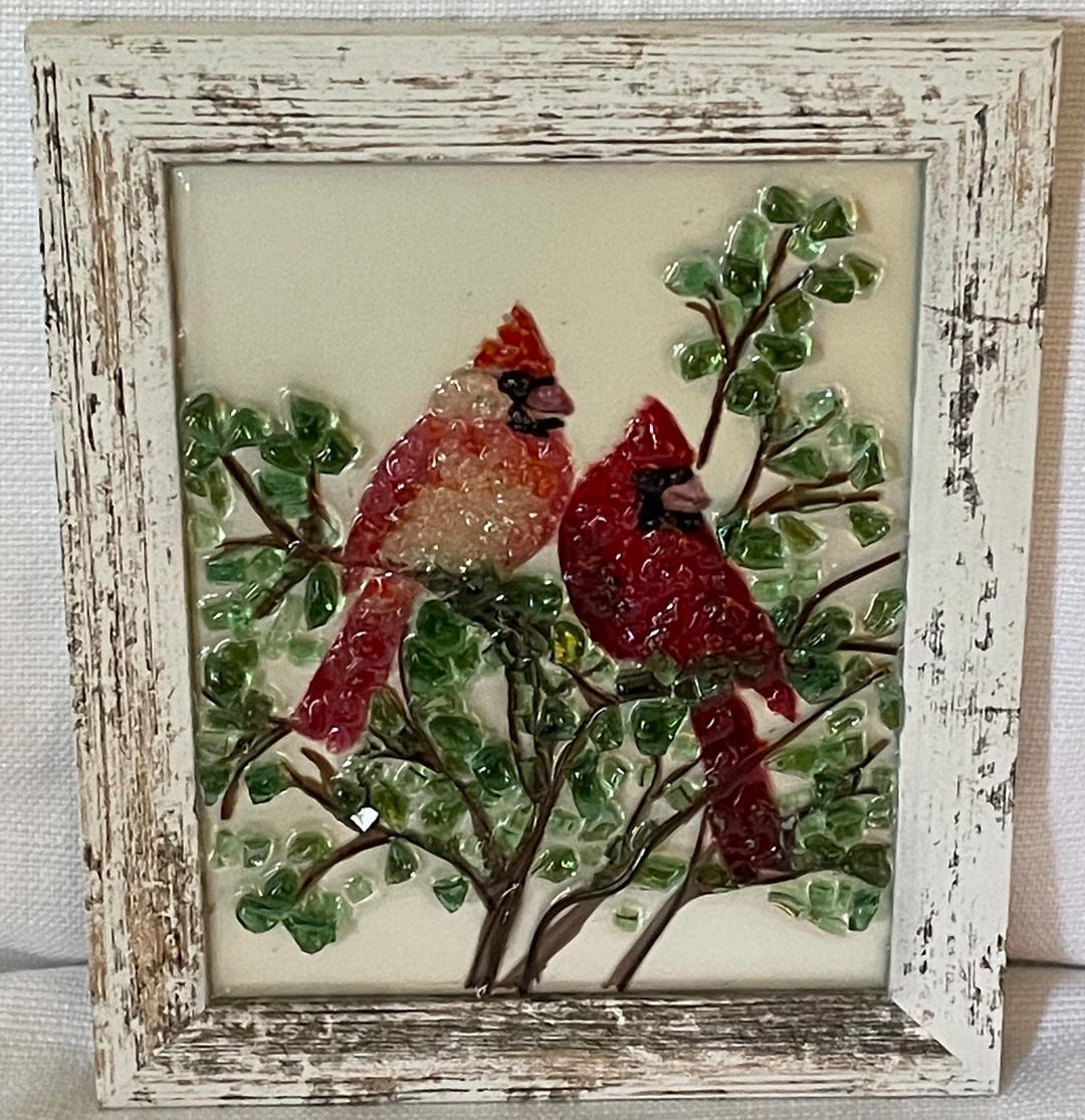 Handcrafted Glass Art Pair of Red Cardinals on Rustic Weathered Wood ...