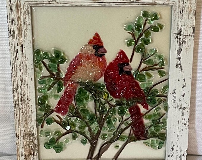 Handcrafted Glass Art Pair of Red Cardinals on Rustic Weathered Wood ...