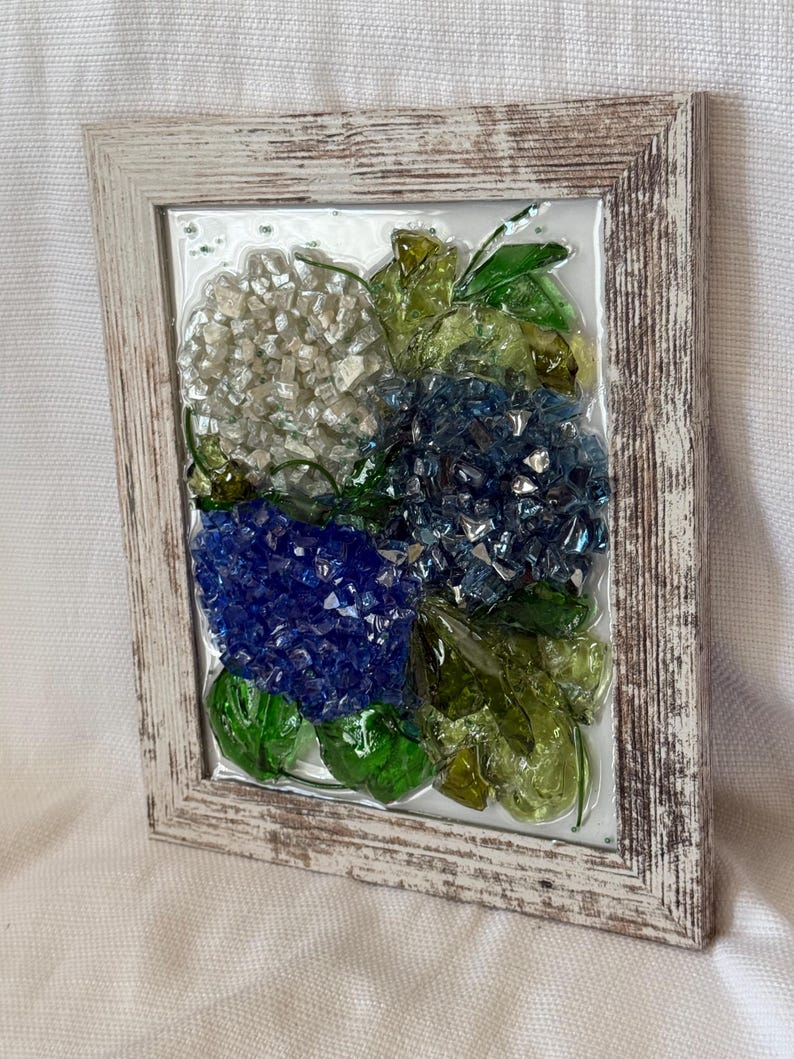 Hydrangea Blue Glass Art in Frame, Handcrafted Sparkling - Etsy