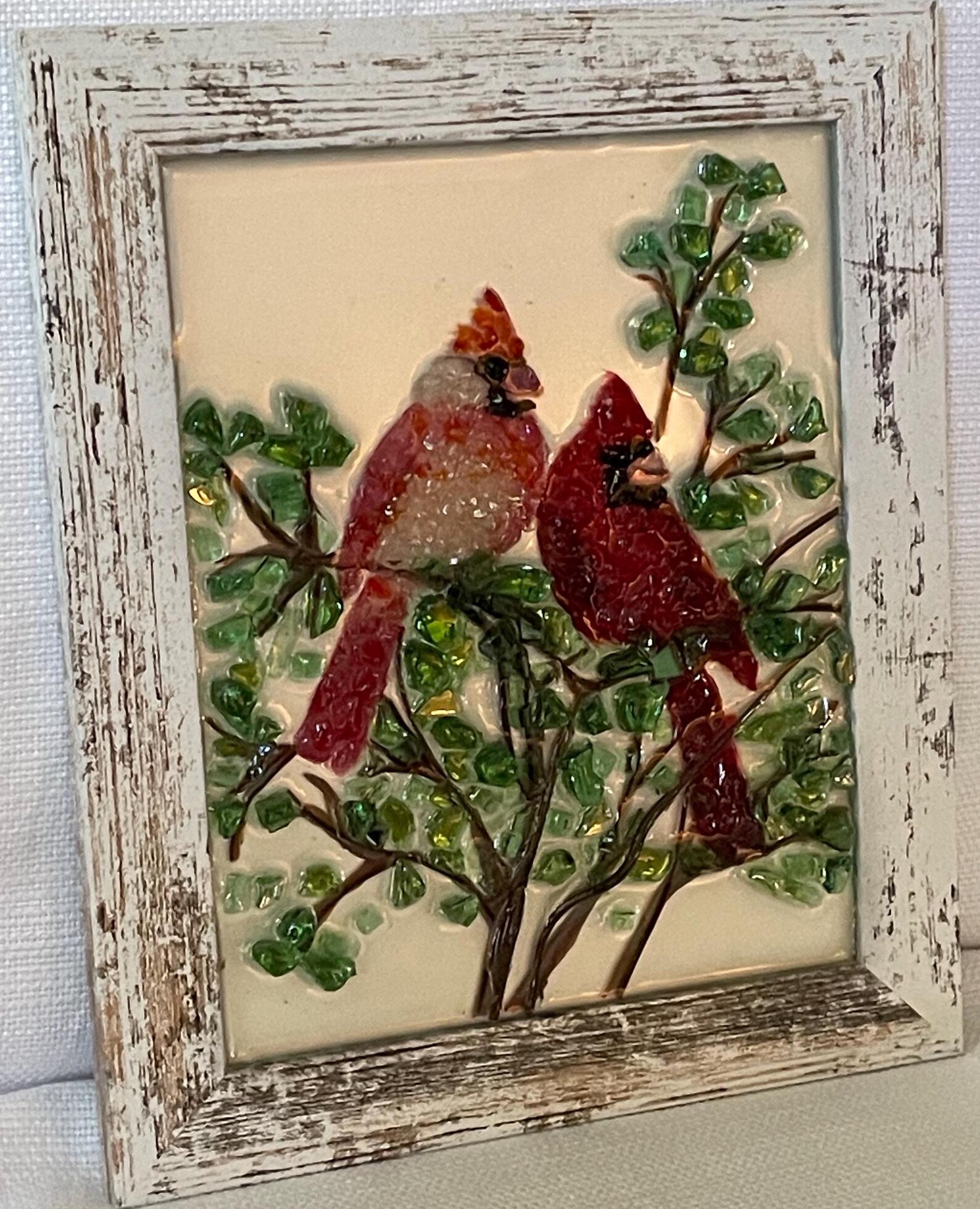 Handcrafted Glass Art Pair of Red Cardinals on Rustic Weathered Wood ...