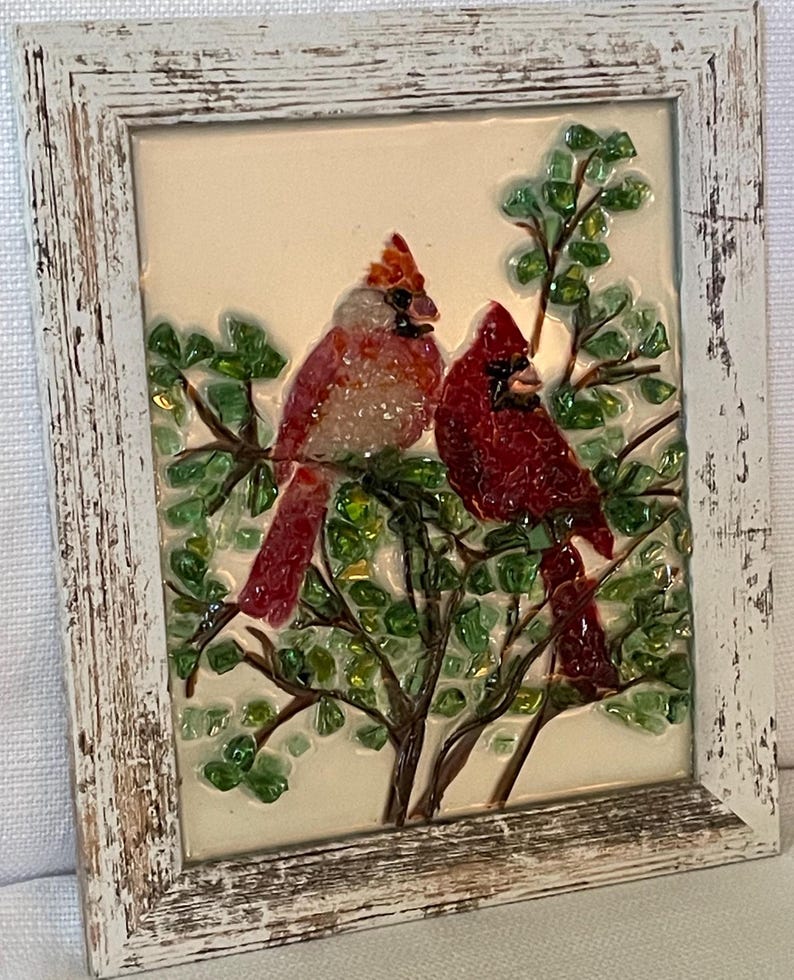 Handcrafted Glass Art Pair of Red Cardinals on Rustic Weathered Wood ...