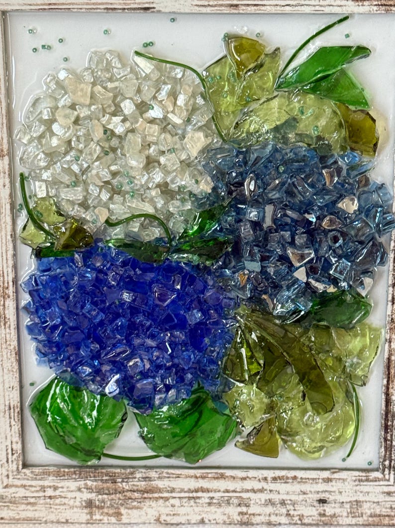 Hydrangea Blue Glass Art in Frame, Handcrafted Sparkling - Etsy