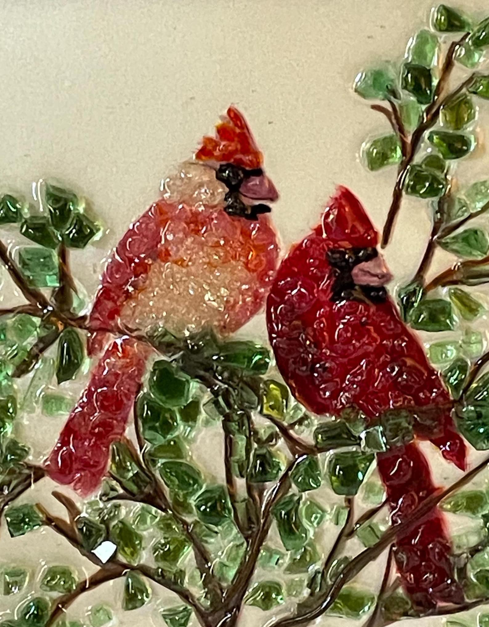 Handcrafted Glass Art Pair of Red Cardinals on Rustic Weathered Wood ...