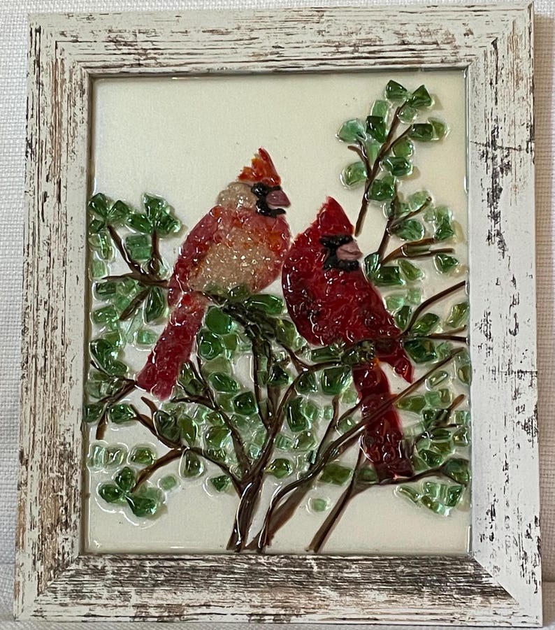 Handcrafted Glass Art Pair of Red Cardinals on Rustic Weathered Wood ...