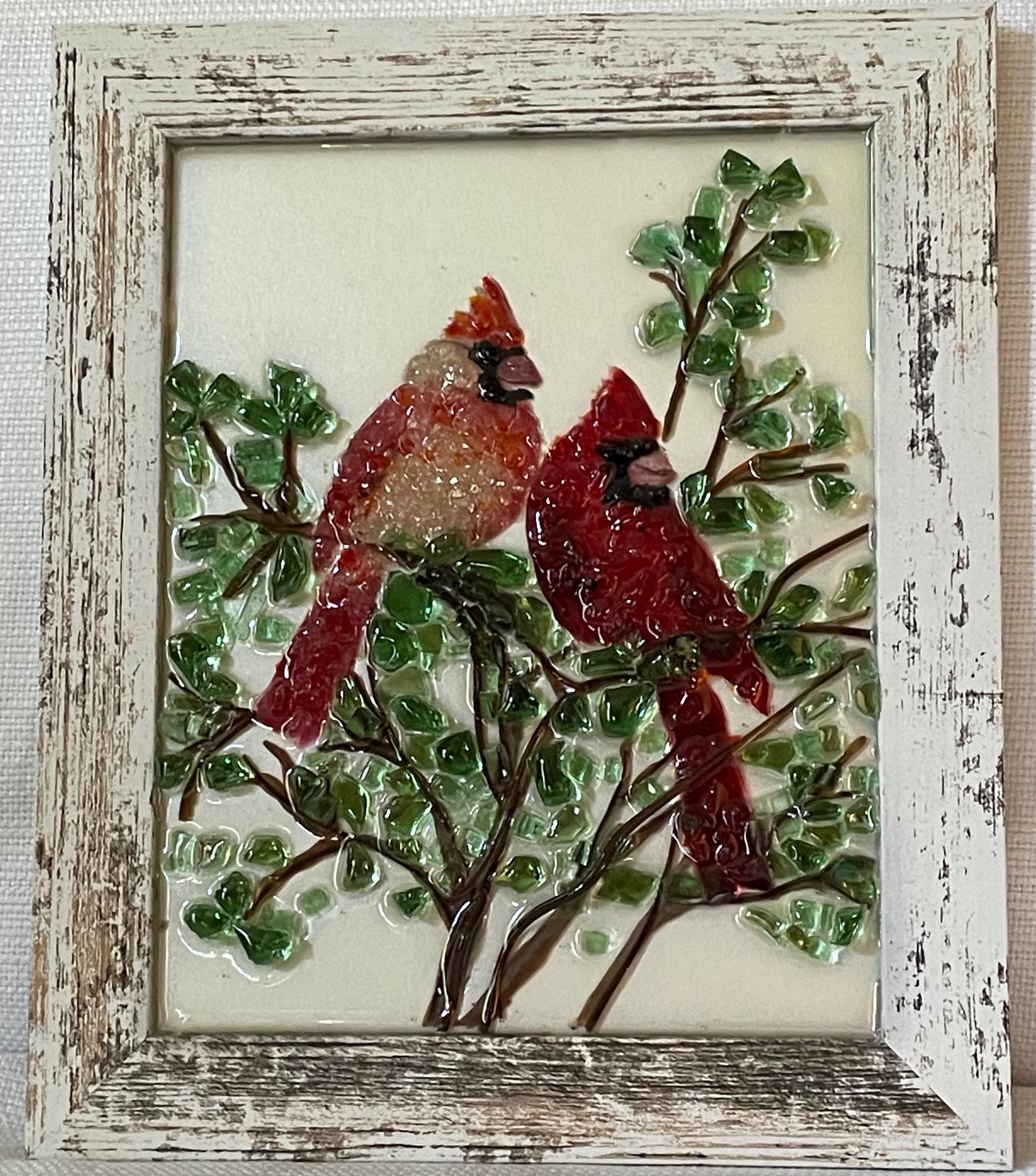 Handcrafted Glass Art Pair of Red Cardinals on Rustic Weathered Wood ...