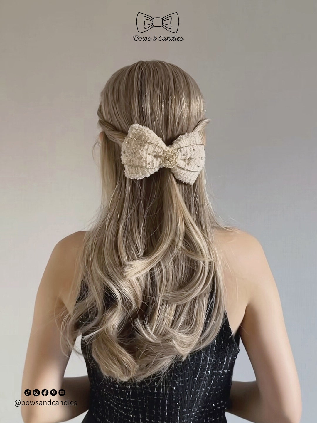 Tweed Fray Bow Barrette Clip, Classic Tweed Bow With Crystals, Coco ...