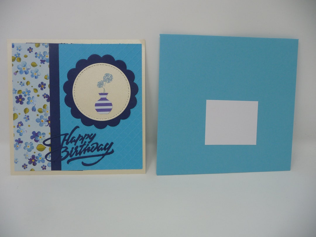 Birthday Card in Blue Blue Paper Illustrated by a Vase and Flowers ...