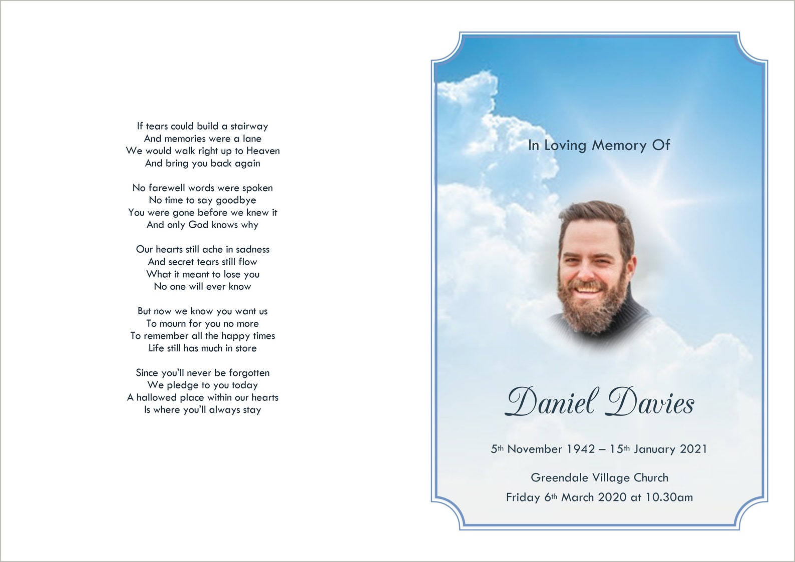 Personalised Funeral Order Of Service Laminated Memorial Etsy UK