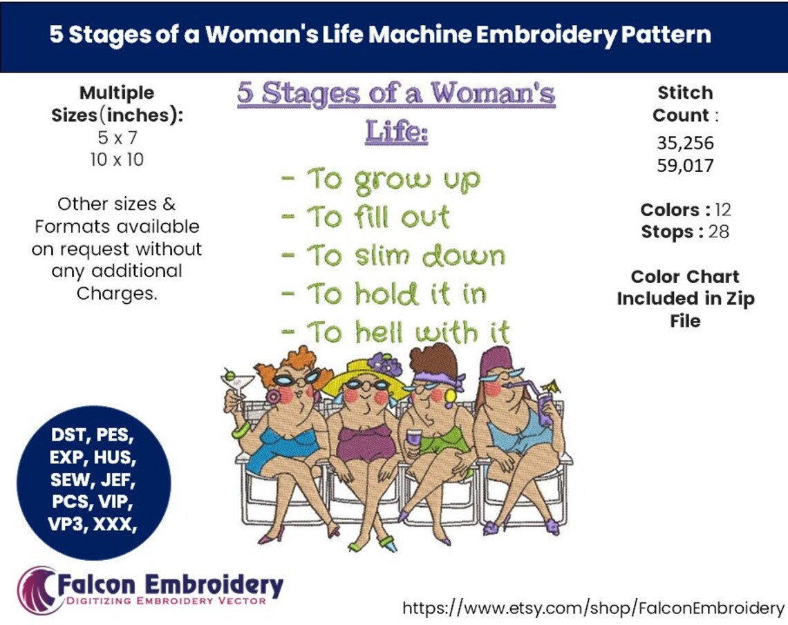 5 Stages of a Woman's Life Machine Embroidery Pattern Women Embroidery ...