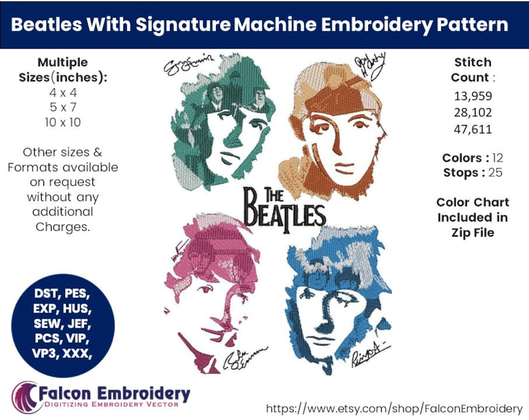 Beatles With Signature Machine Embroidery Pattern Beatles - Etsy