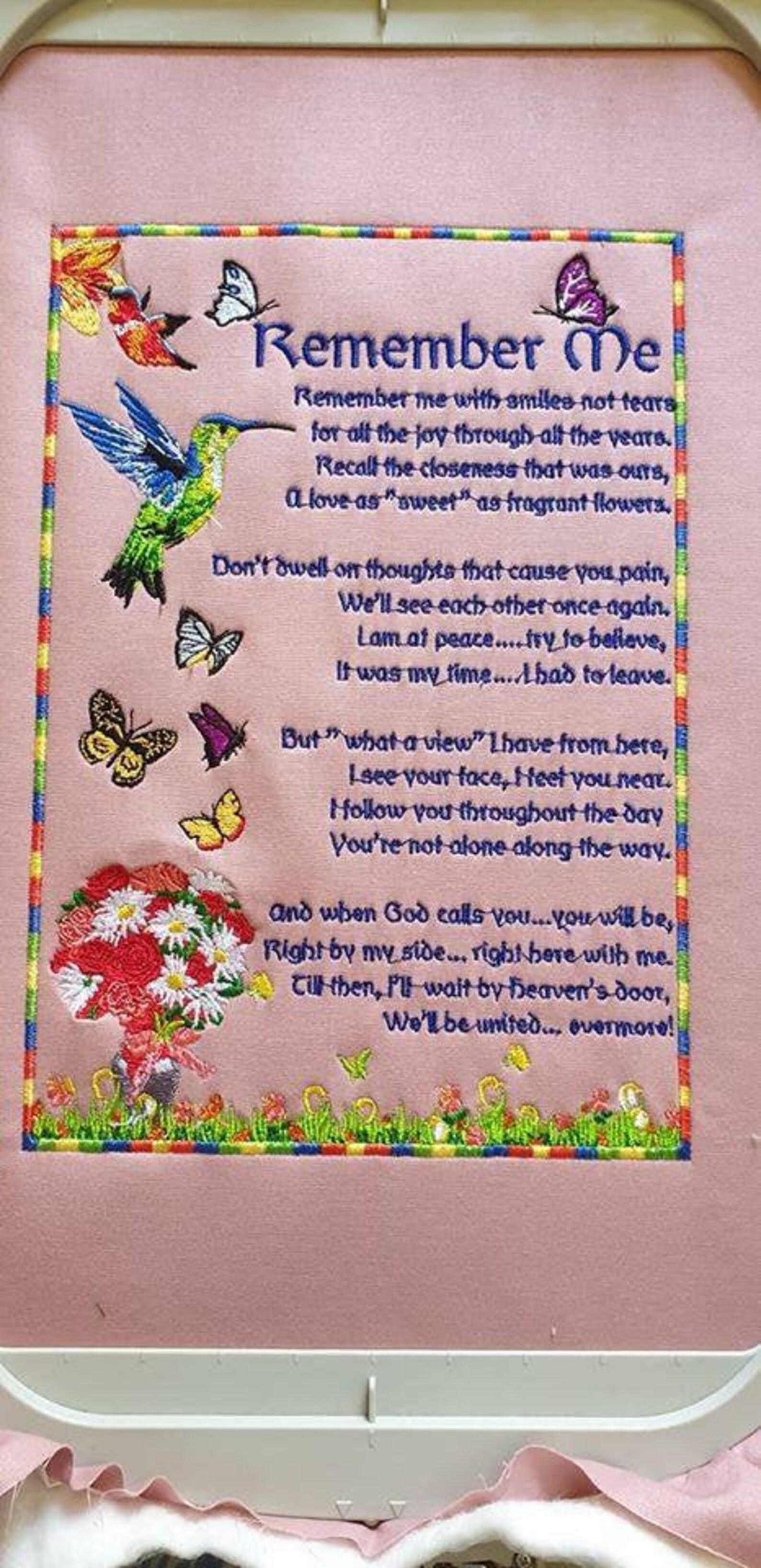 Remember Me Memorial Embroidery Design Poem With Hummingbird and ...