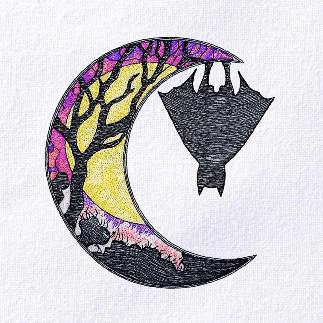 Night Sky Moon Embroidery Design, Bat Silhouette (PES DST Digital ...