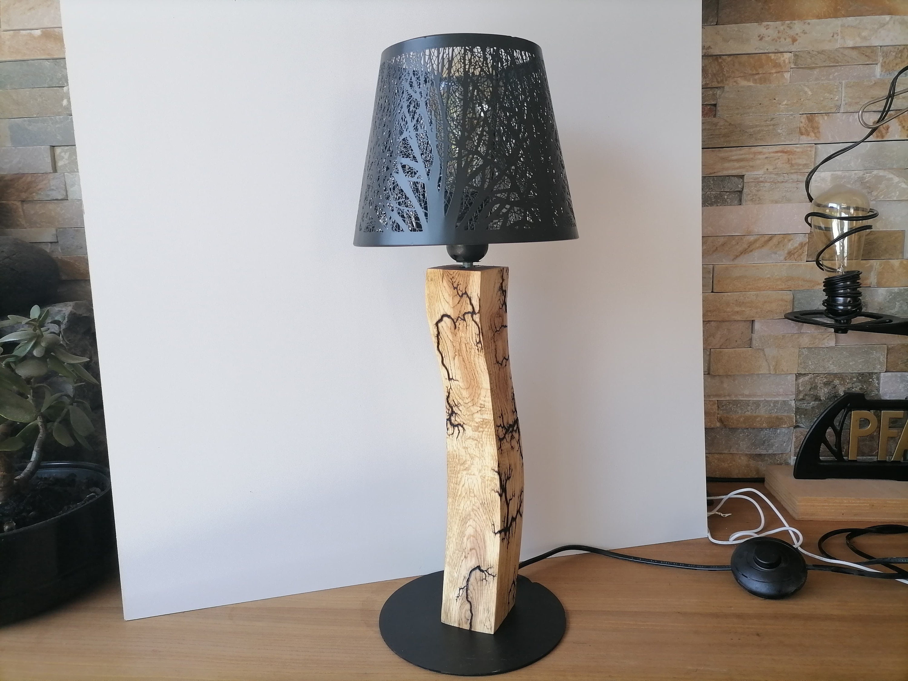 Wood Table Lamp Lightning Wood Burning Lamp Rustic Table Lamp Wood ...