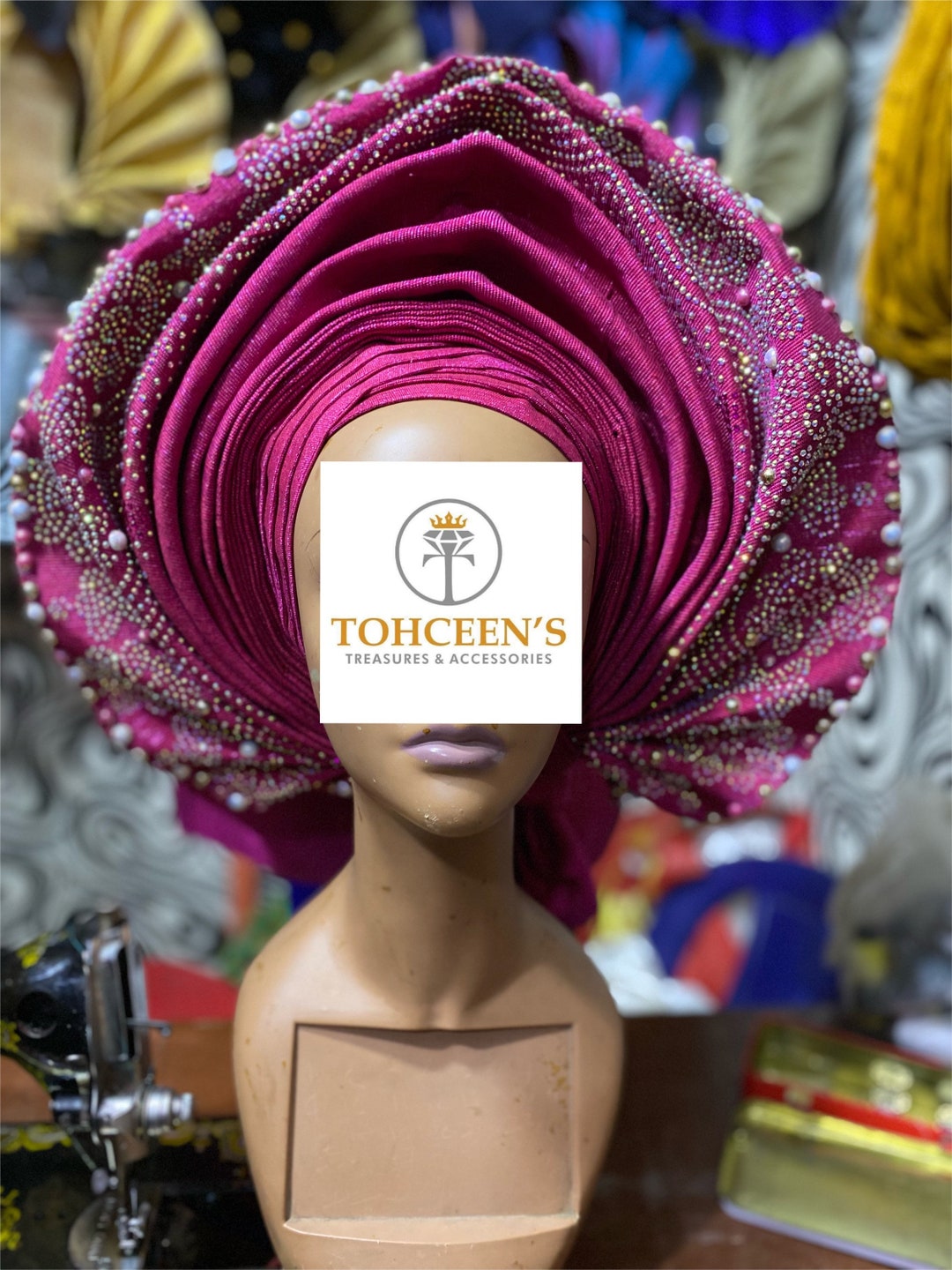 Fuchsia Pink Embellished Autogele Asooke for Yoruba Brides Handwoven ...