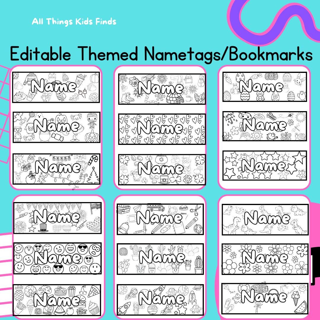 Editable Themed Name Tags Bookmarks - Etsy