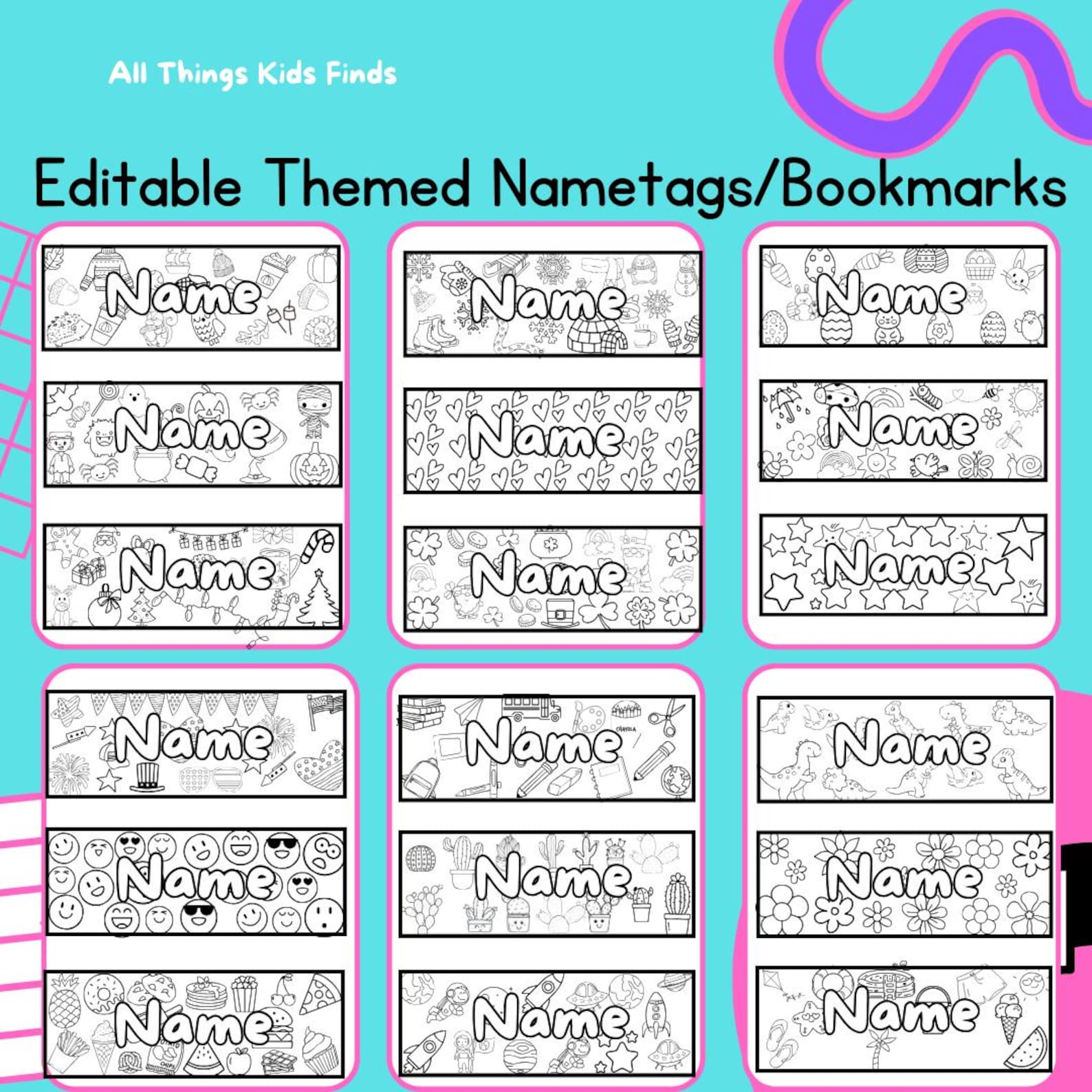 Editable Themed Name Tags Bookmarks - Etsy