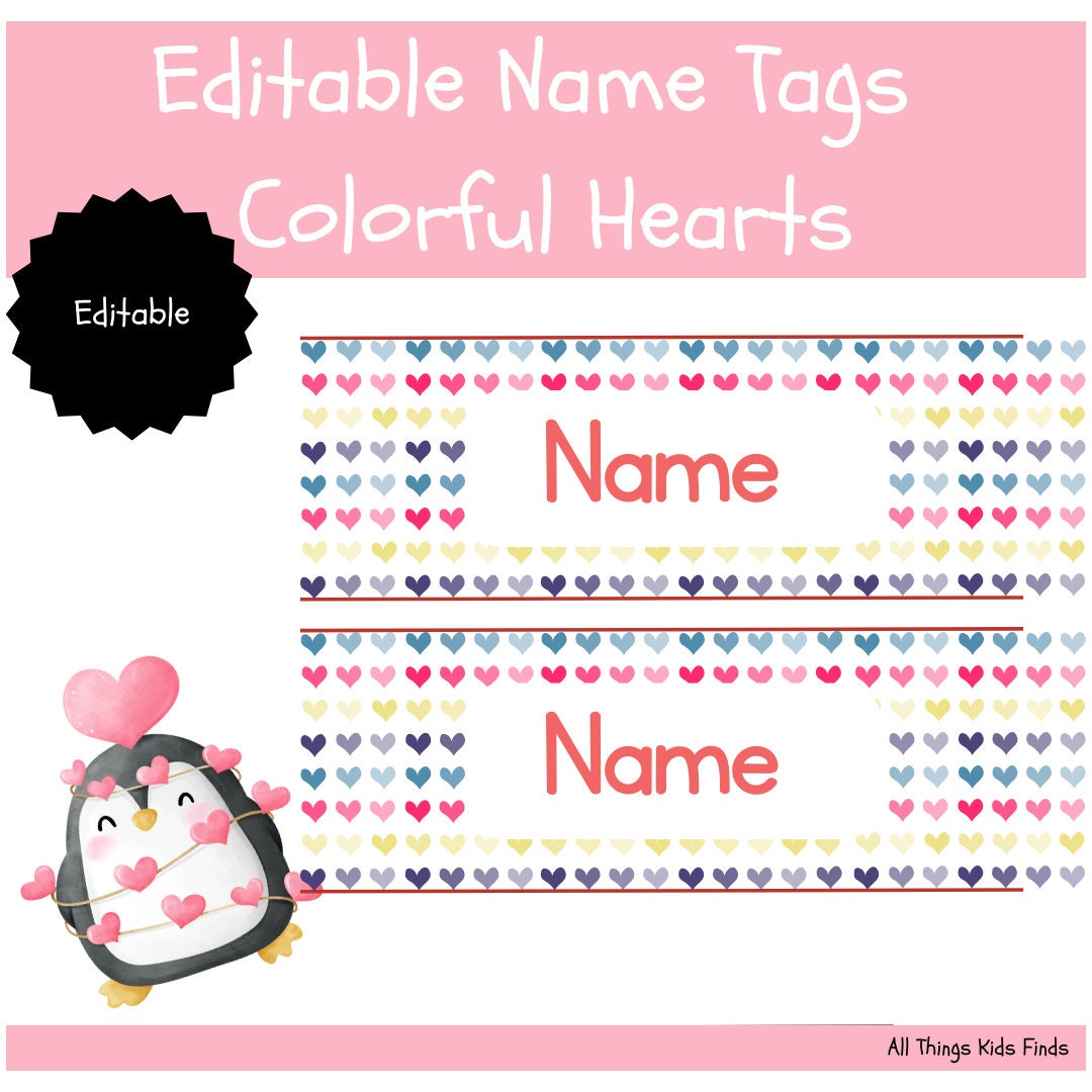 Editable Valentine Colorful Hearts Name Tags - Etsy