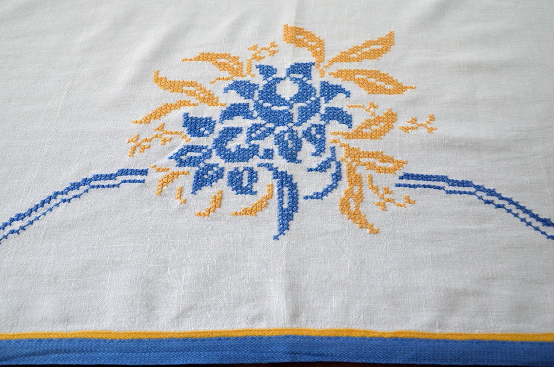 160x128 cm Antike Tischdecke Kreuzstich Blau Goldgelb - Etsy France
