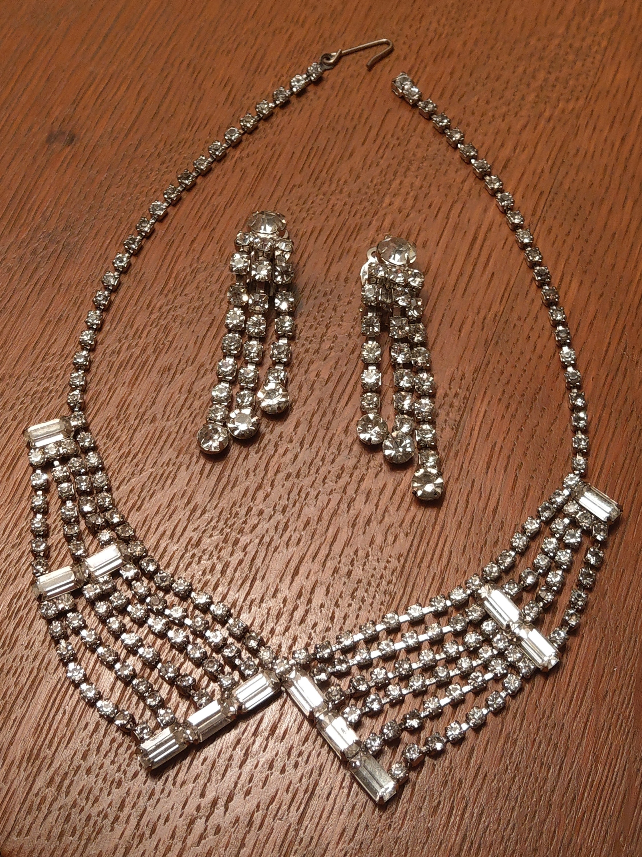 Vintage Clear Rhinestone Necklace and Dangle Clip-on Earrings - Etsy