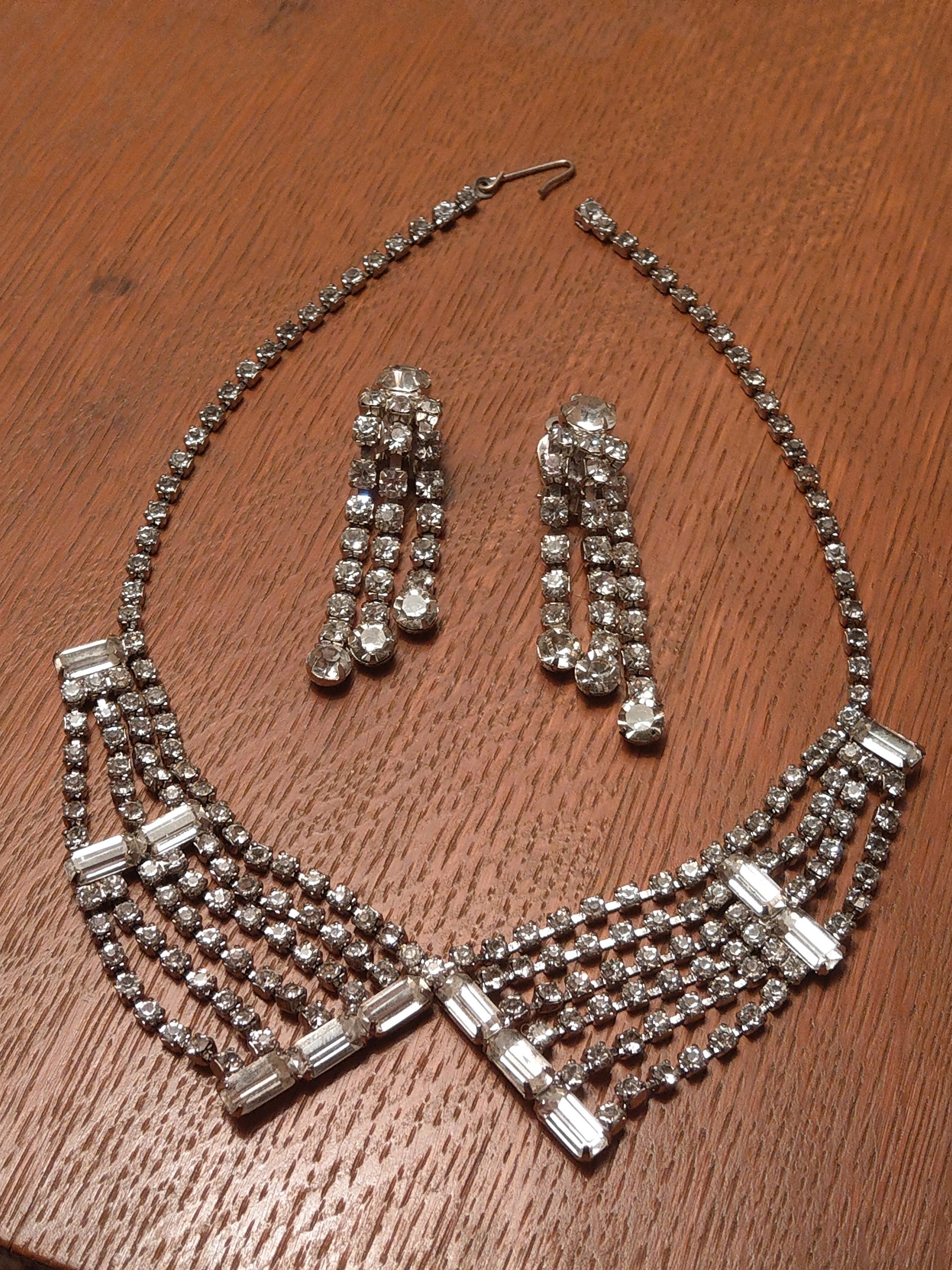 Vintage Clear Rhinestone Necklace and Dangle Clip-on Earrings - Etsy