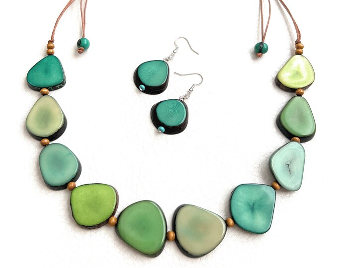 Tagua Necklace and Earrings in Green TAG681, Organic Necklace, Tagua ...
