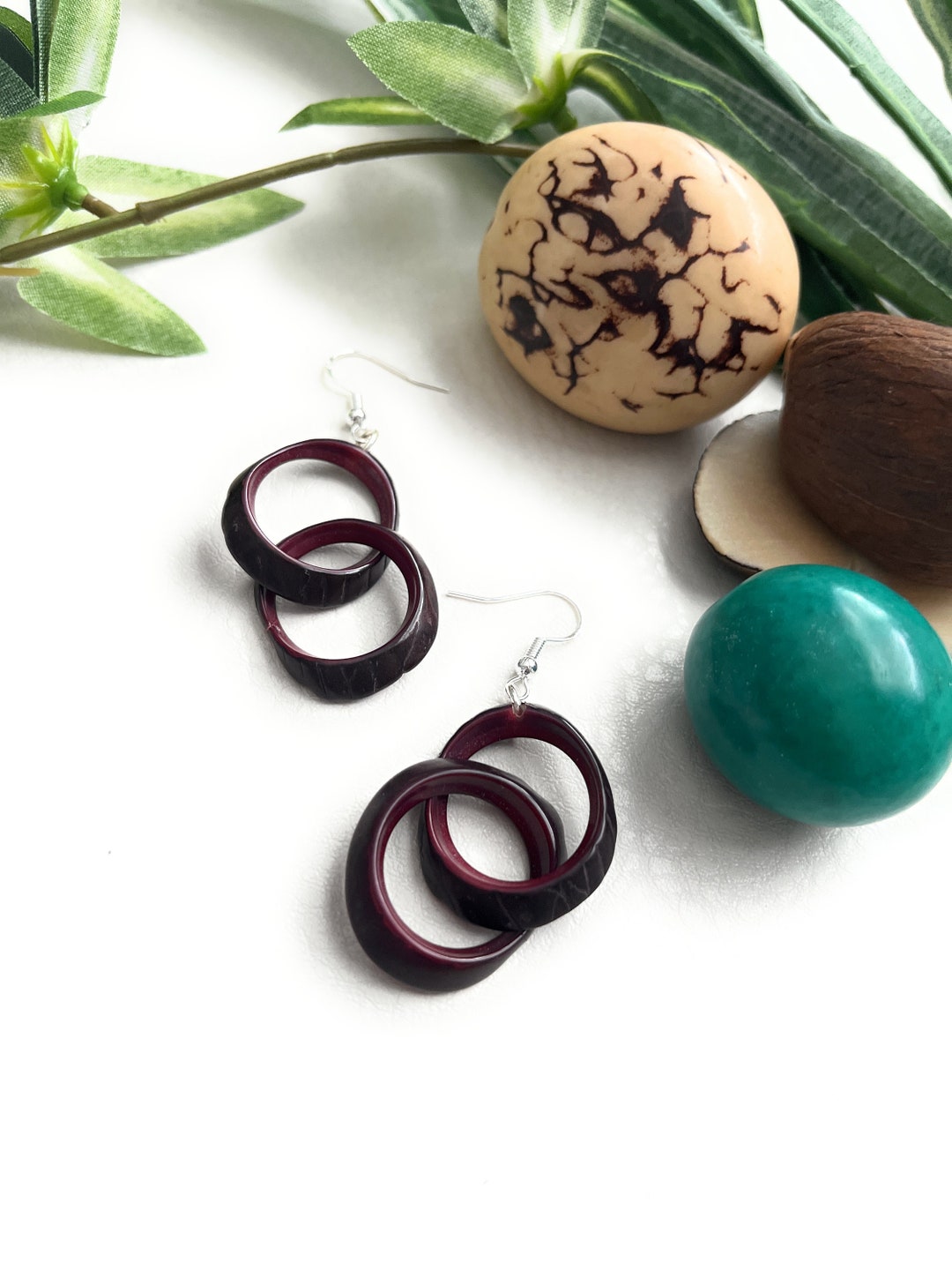 Burgundy Tagua Nut Earrings TAG290, Organic Vegetable Ivory Earrings in ...
