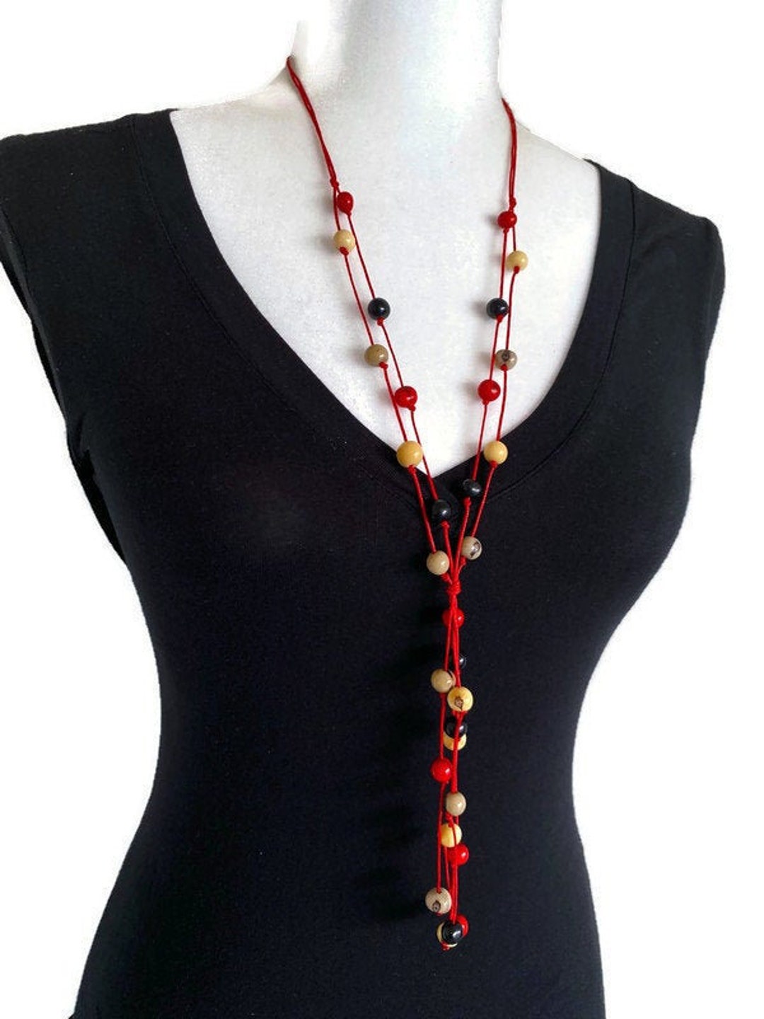 Long Acai Beads Necklace in Red, Gray, Black, White TAG114, Organic Y ...