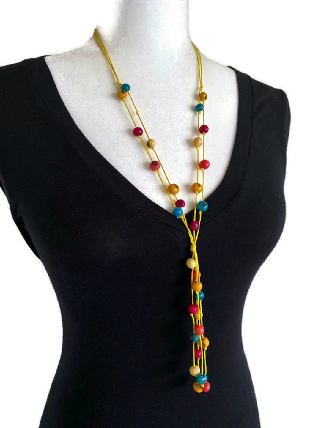 Long Acai Beads Necklace in Yellow, Blue, Pink, White TAG114, Organic Y ...