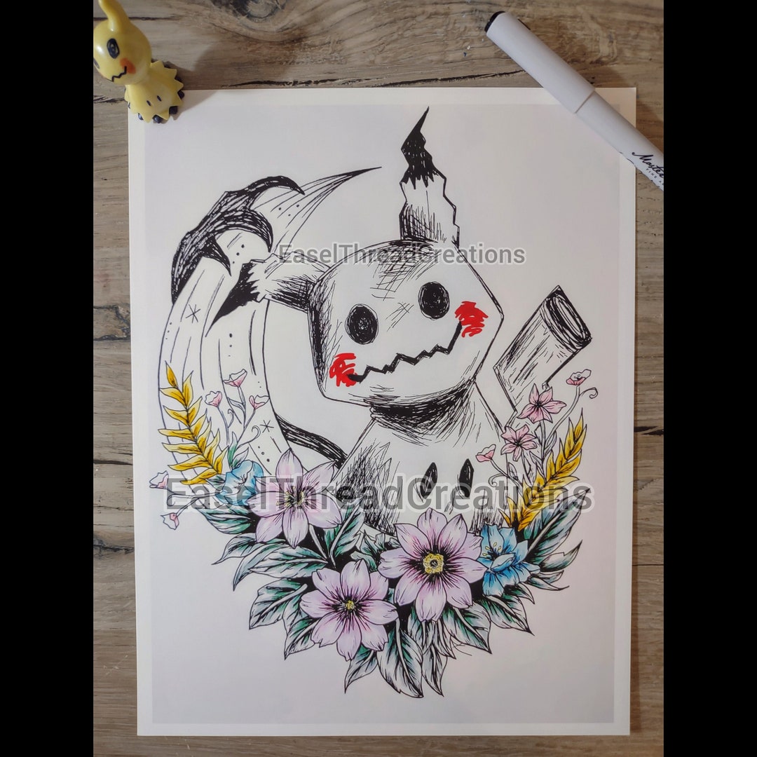 Original Mimikyu With Moon and Flowers Art Print, Pokemon Wall Decor ...