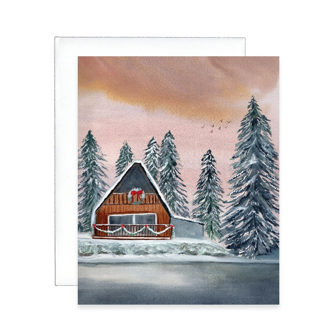 Christmas Cabin Card | Watercolor Cabin Card | Winter Cabin Card ...