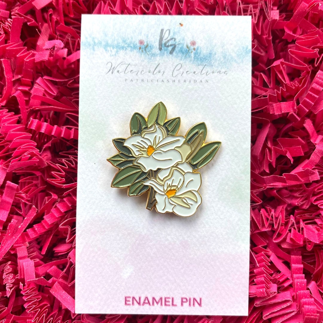 Magnolia Enamel Pin | Floral Enamel Pin | White Southern Magnolia ...