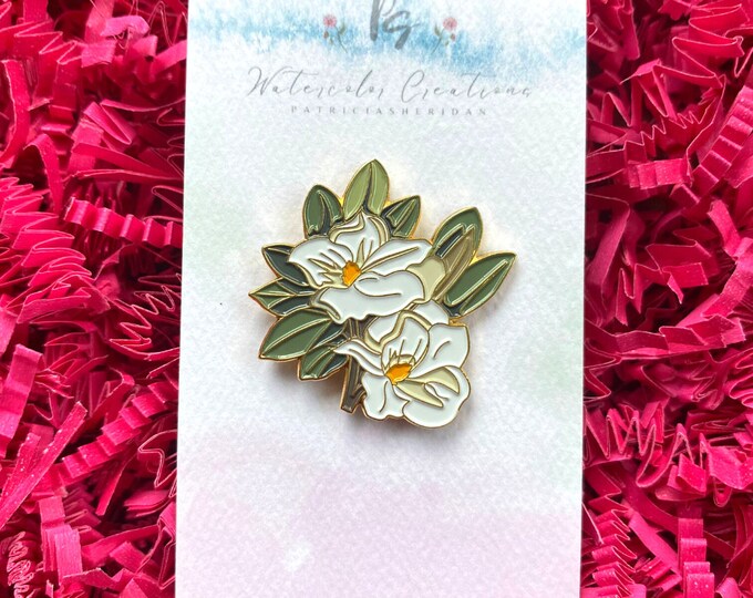 Magnolia Enamel Pin | Floral Enamel Pin | White Southern Magnolia ...