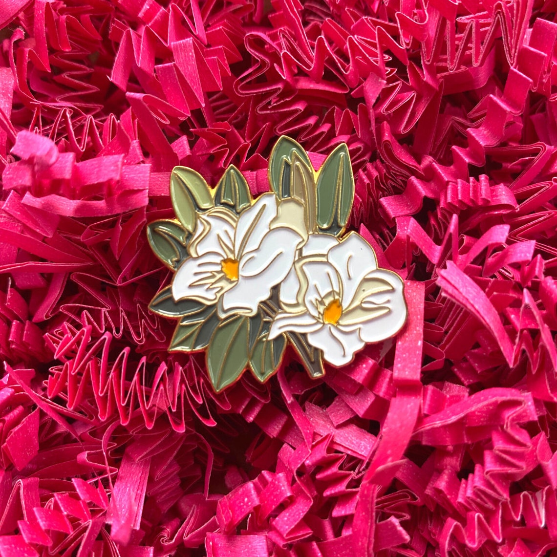 Magnolia Enamel Pin | Floral Enamel Pin | White Southern Magnolia ...