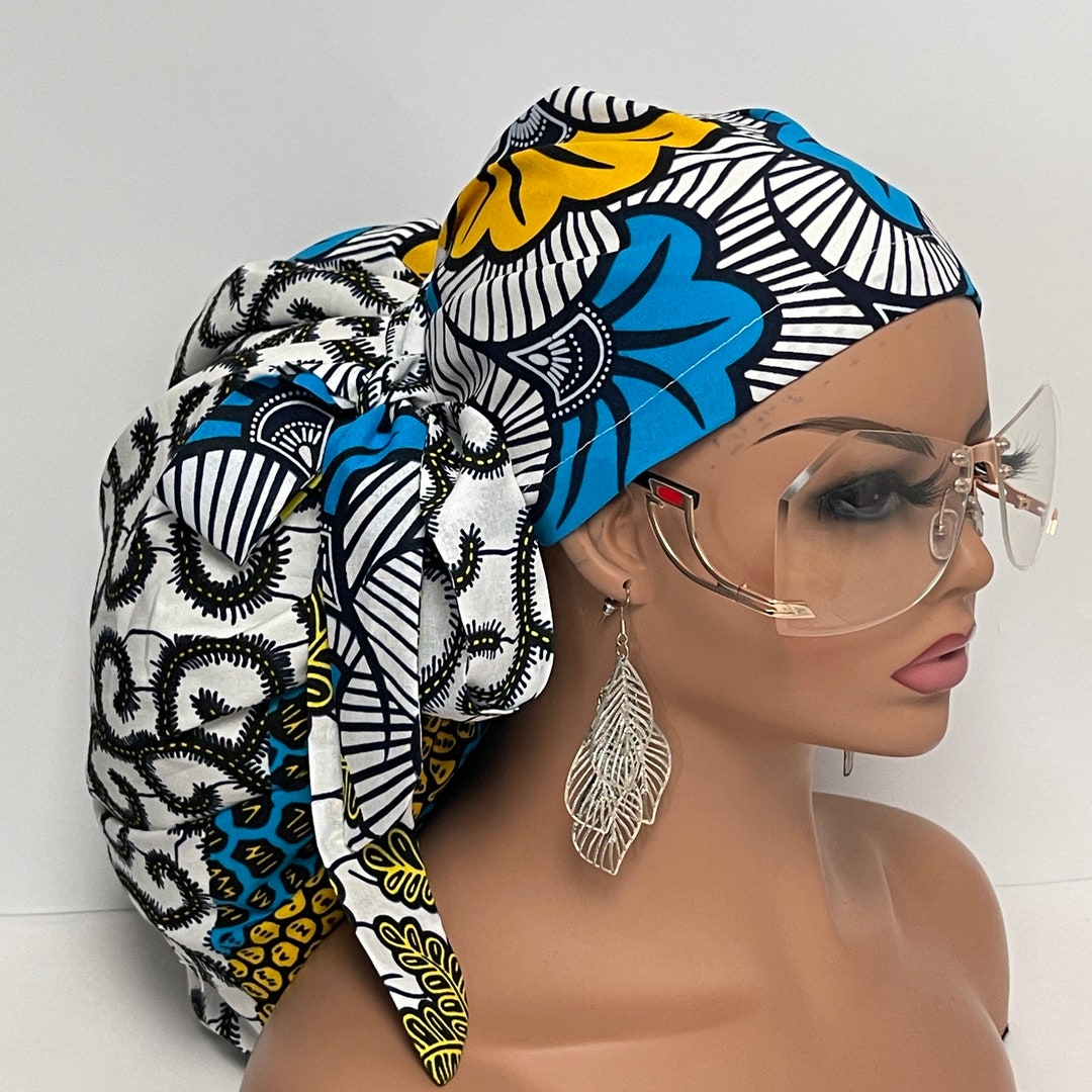 Jumbo Pony Scrub Cap: Turquoise Blue, Yellow, White Print, Satin Lined ...