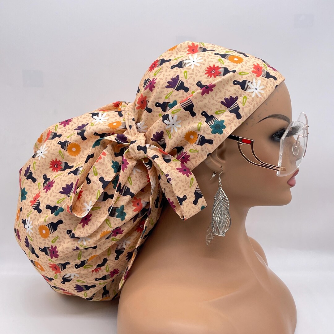 2XL JUMBO PONY SCRUB Cap Black Girl Cotton Fabric Surgical Nursing Hat ...