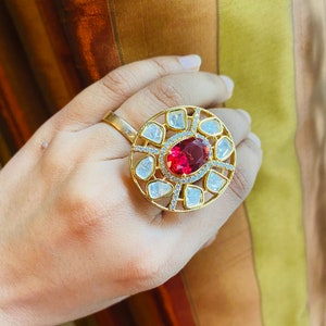 Statement Kundan Ruby Red Stone Gold Polish / Kundan Ring/ Rajasthani Ring/rajasthani Jewelry ...