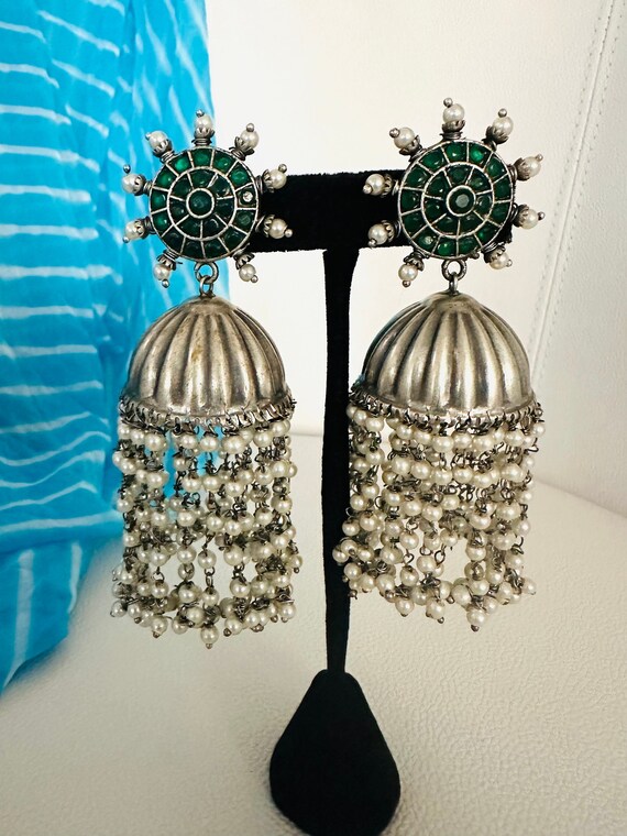 Antique silver polish jhumka Rajasthani earrings Jaipur jewelry indian silver look alike jewelry silver polish jhumkas Rajasthani jewelry