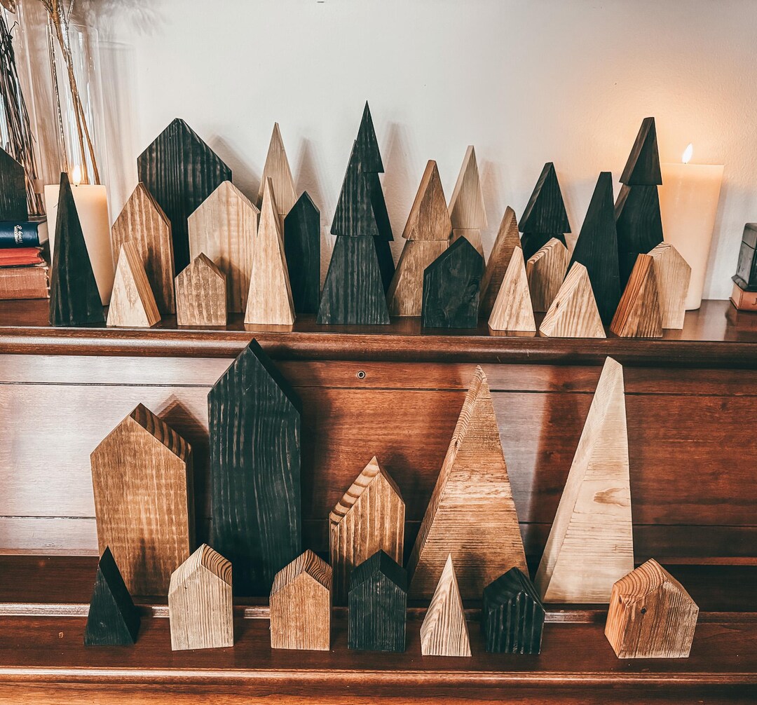 Handmade Wood Block Village: Rustic Scandinavian Mantel Decor - Etsy