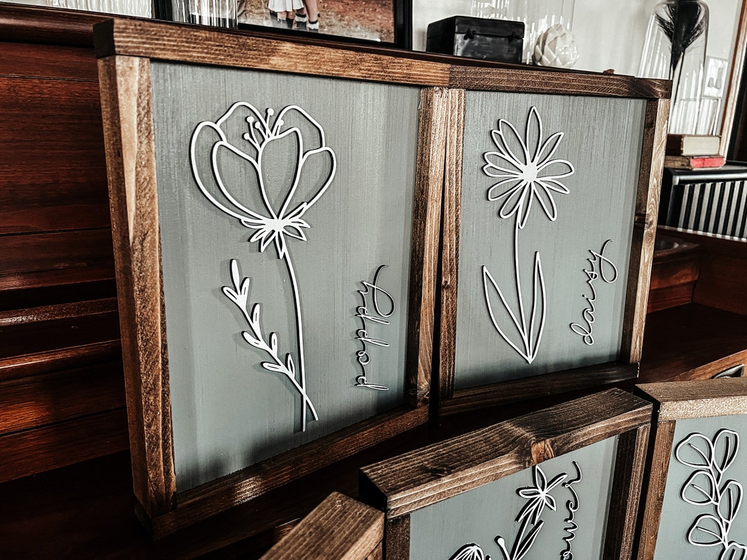 3D Botanical Flower Sign: Handmade Wood Line Art, Framed Wall Decor - Etsy