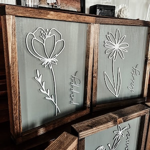 3D Botanical Flower Sign: Handmade Wood Line Art, Framed Wall Decor - Etsy