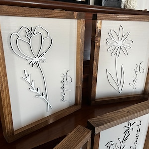 3D Botanical Flower Sign: Handmade Wood Line Art, Framed Wall Decor - Etsy