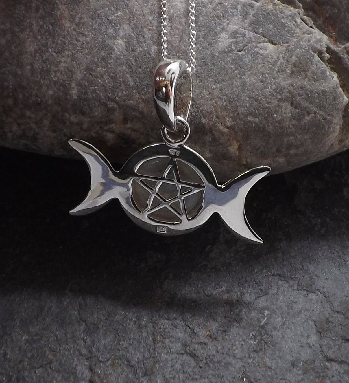 Sterling Silver Gemstone Triple Moon Pendant Hidden Pentagram - Etsy UK