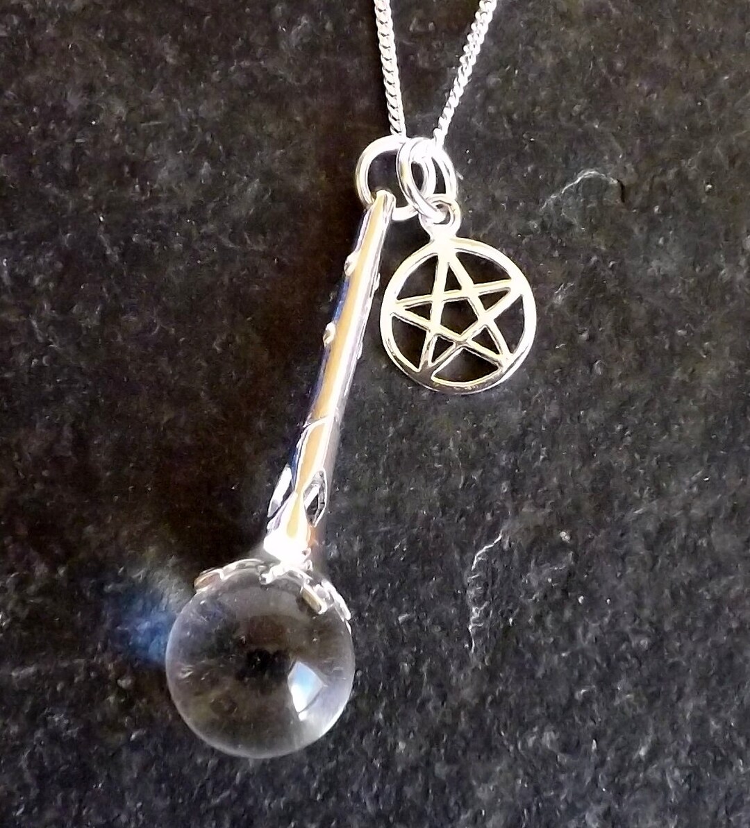 Sterling Silver Crystal Ball Wand Pendant Pentagram Pendant Necklace ...