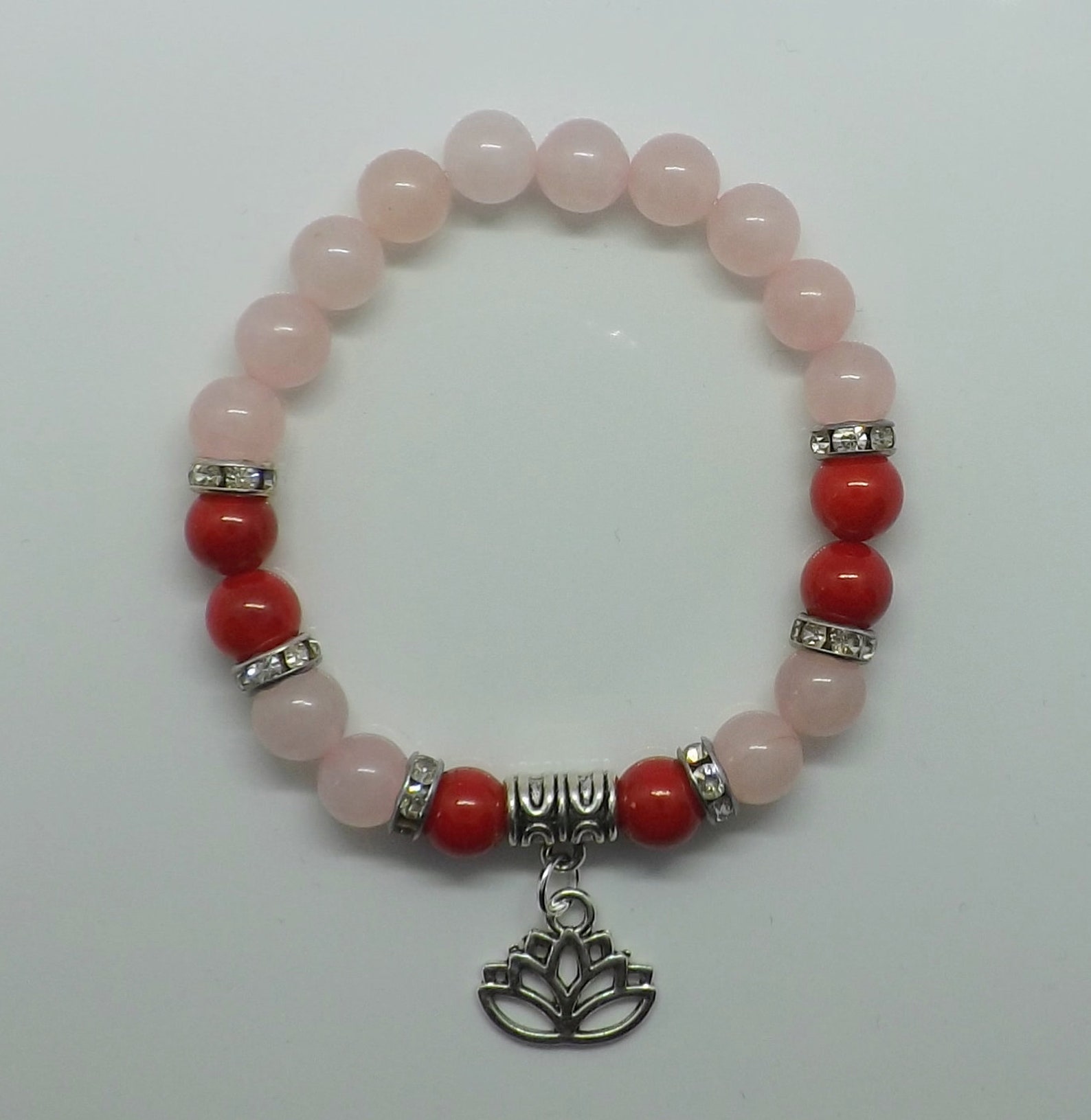 Rose Quartz Coral 8mm Gemstone Beads Stretch Stacking Lotus Charm Mala ...