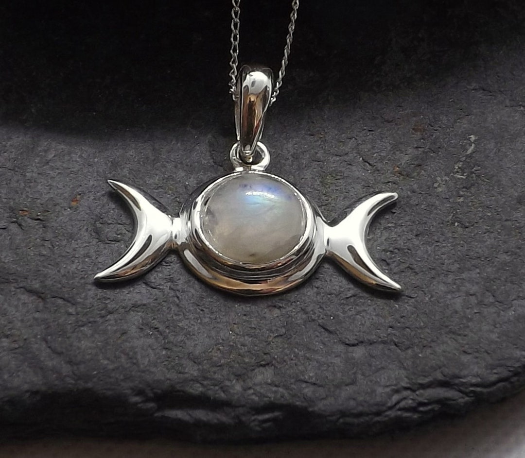 Sterling Silver Gemstone Triple Moon Pendant Hidden Pentagram Triple ...