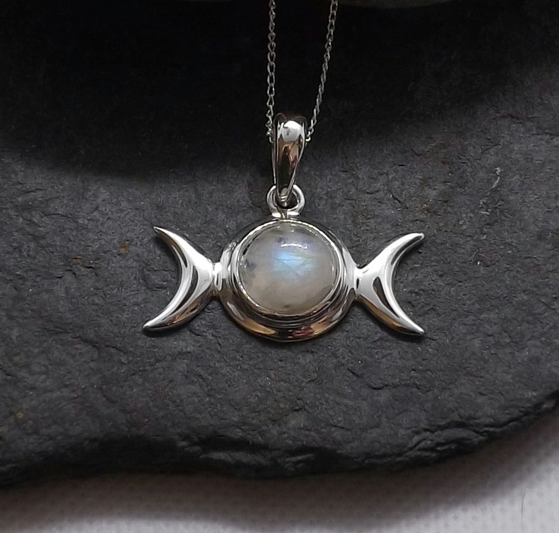 Sterling Silver Gemstone Triple Moon Pendant Hidden Pentagram - Etsy UK