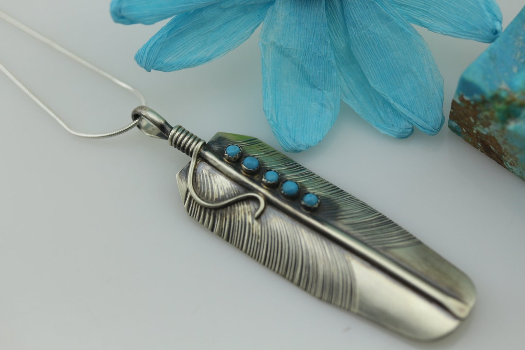 Handmade Turquoise Feather Native American Pendant by Navajo Artist ...