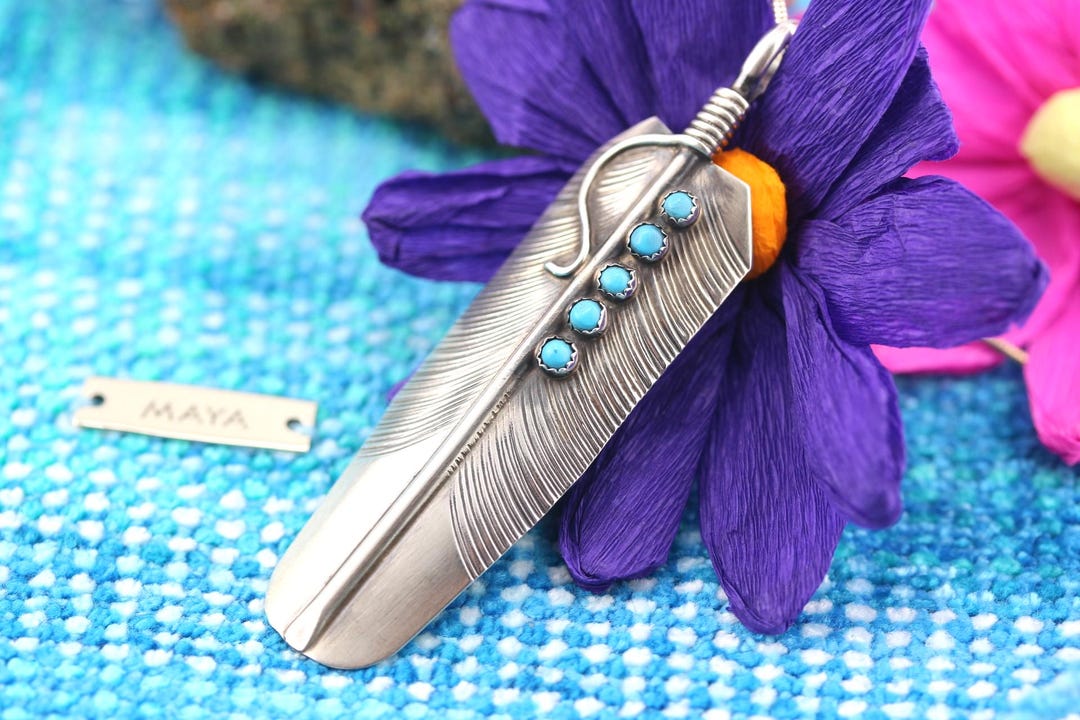 Handmade Turquoise Feather Native American Pendant by Navajo Artist ...